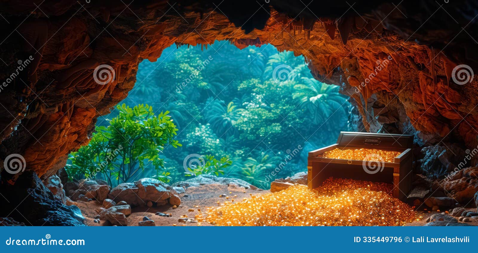 Cave with an Open Treasure Box Filled with Shiny Gold Stock ...