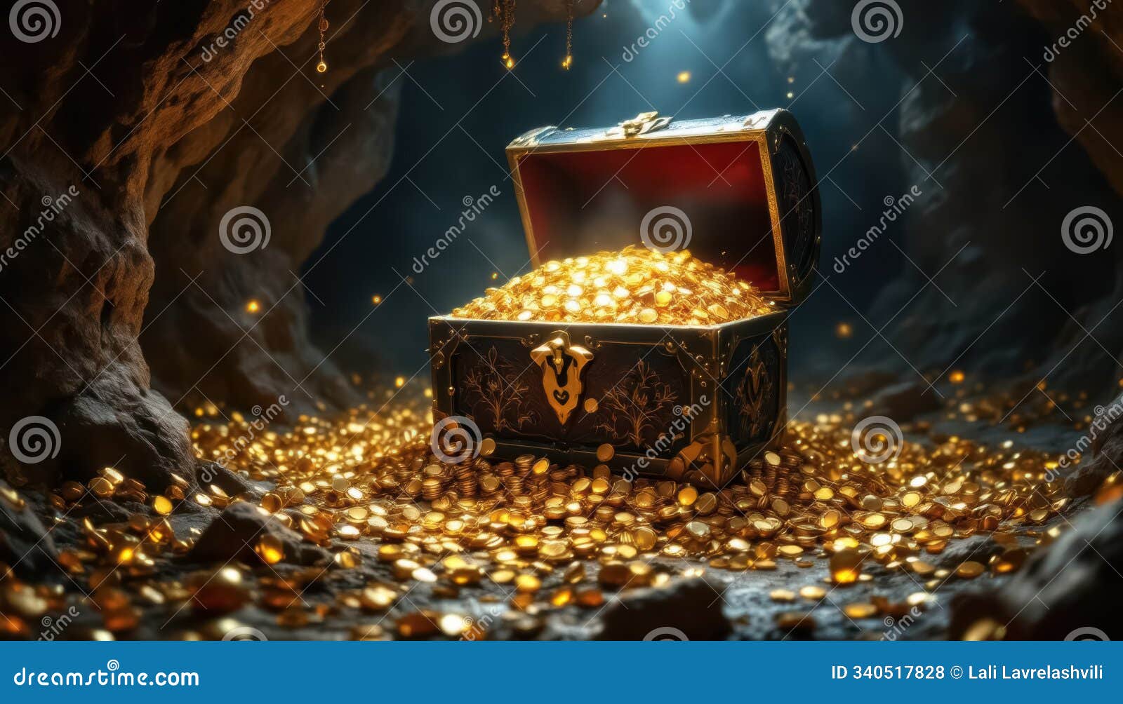 Cave with an Open Treasure Box Filled with Shiny Gold Stock ...