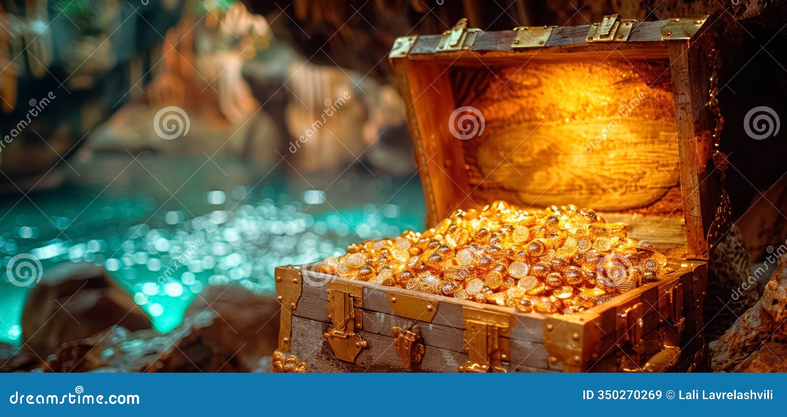 Cave with an Open Treasure Box Filled with Shiny Gold Stock ...
