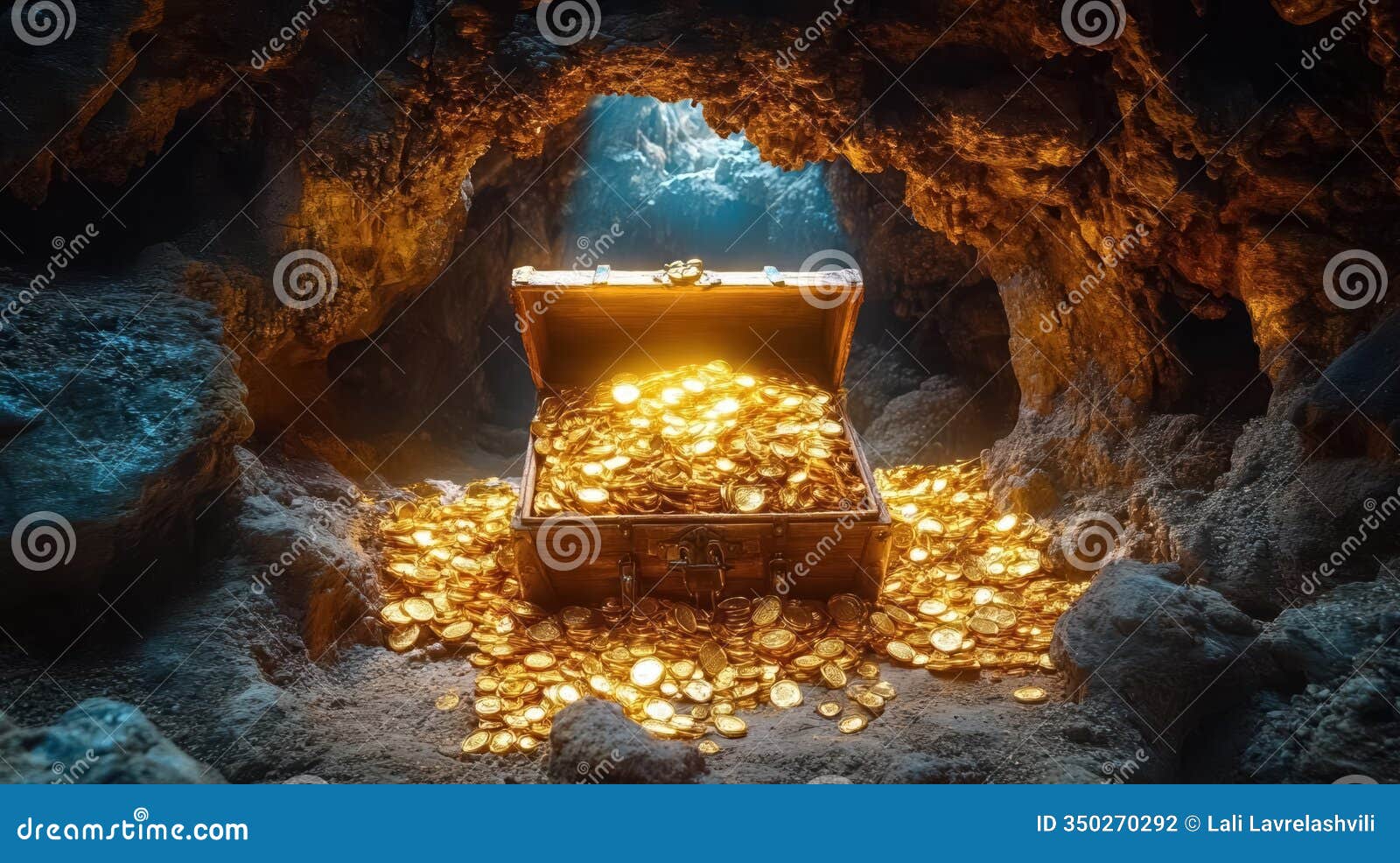 Cave with an Open Treasure Box Filled with Shiny Gold Stock ...