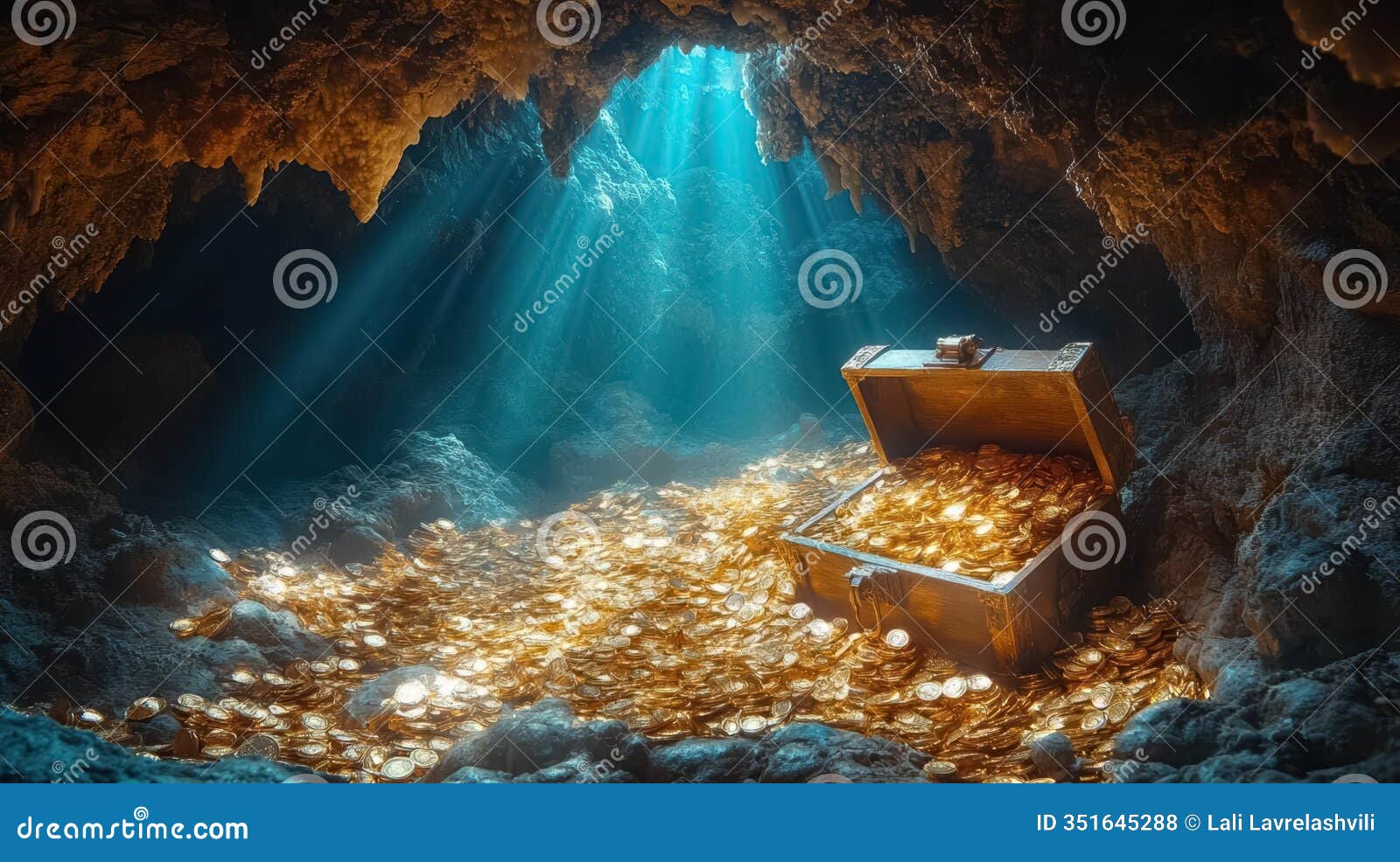 Cave with an Open Treasure Box Filled with Shiny Gold Stock ...