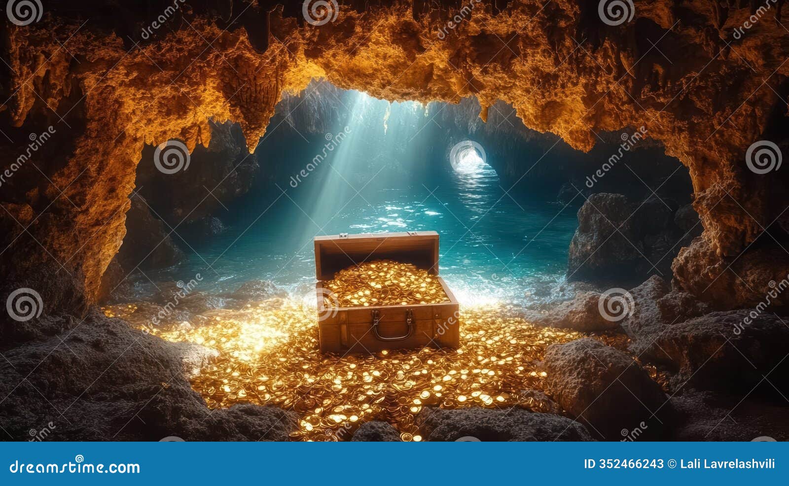 Cave with an Open Treasure Box Filled with Shiny Gold Stock ...
