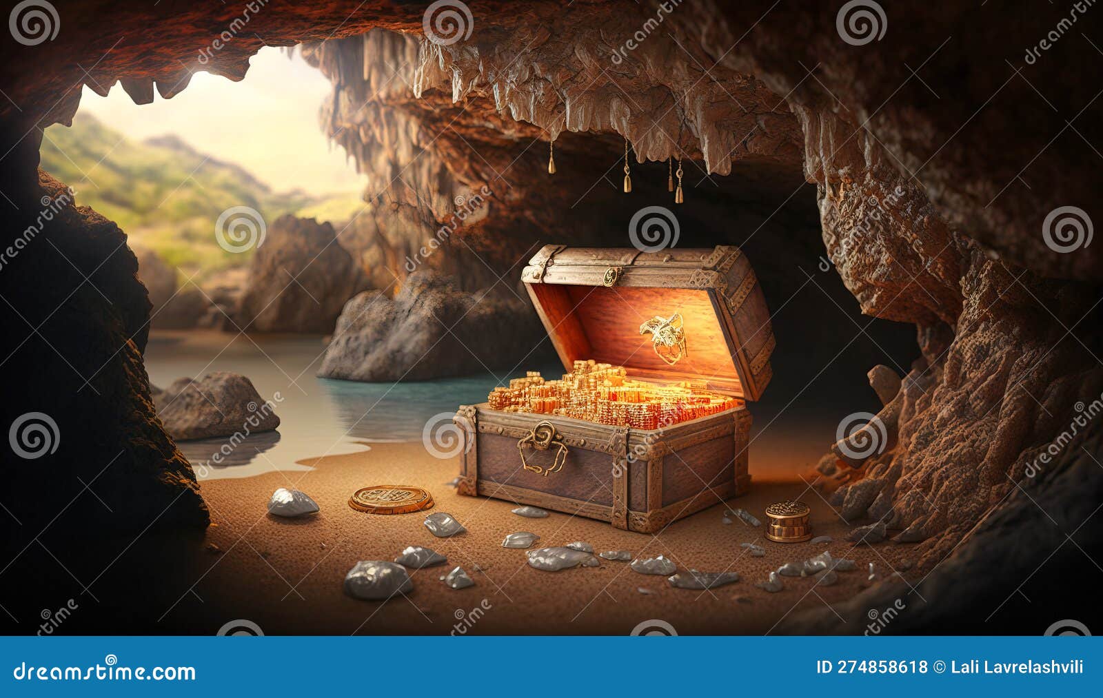 Cave with an Open Treasure Box Filled with Shiny Gold. Generative AI ...