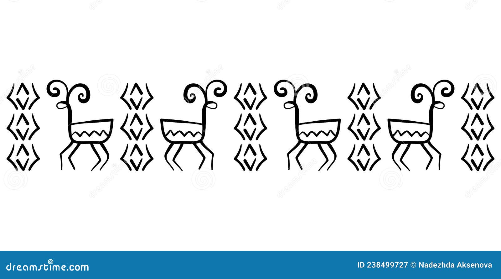 Cave Ornament with Wild Animals. Hand Drawn Vector Horizontal Border ...