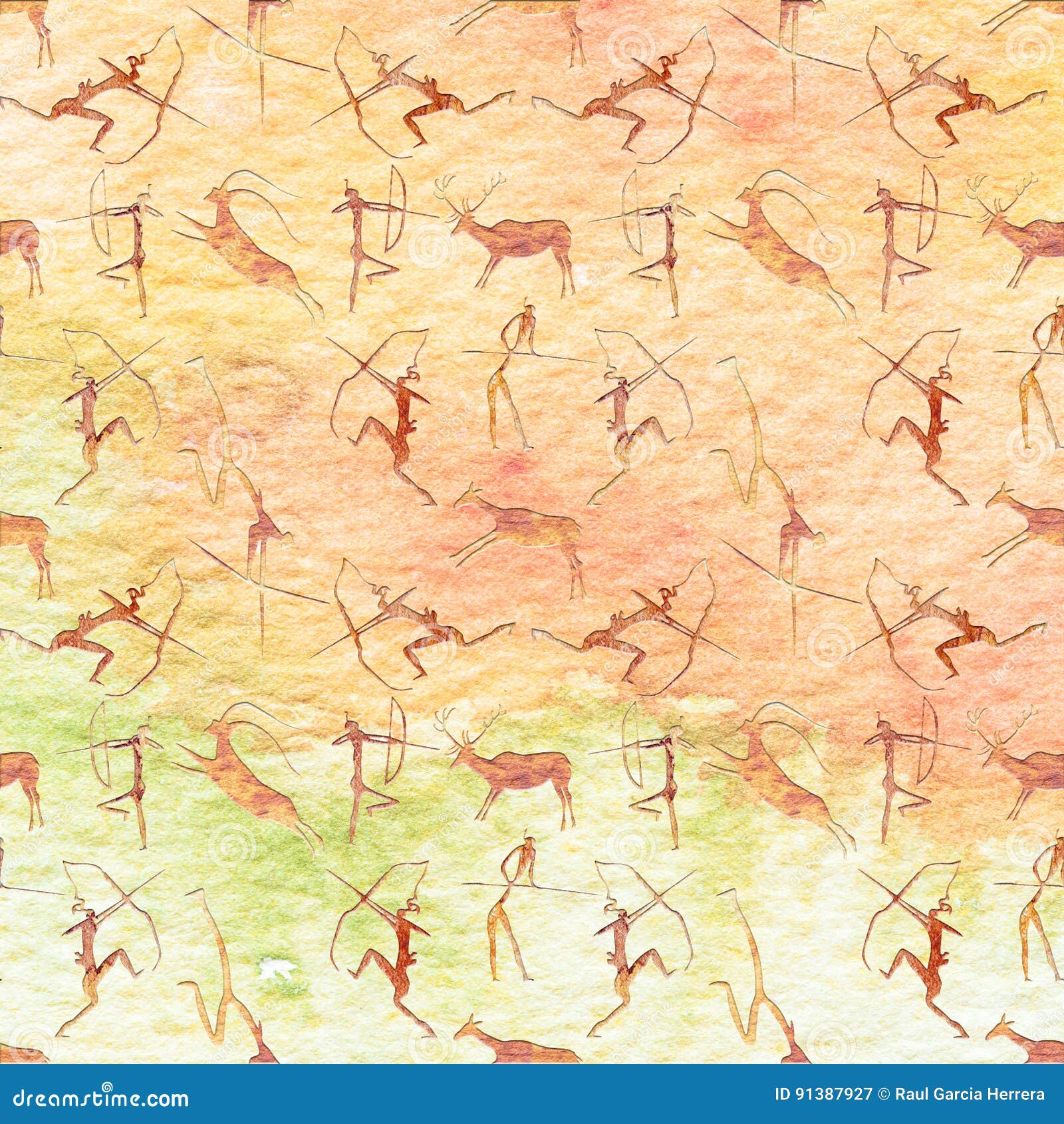Cave Painting Seamless Pattern. Animals with Watercolor Texture. Stock ...