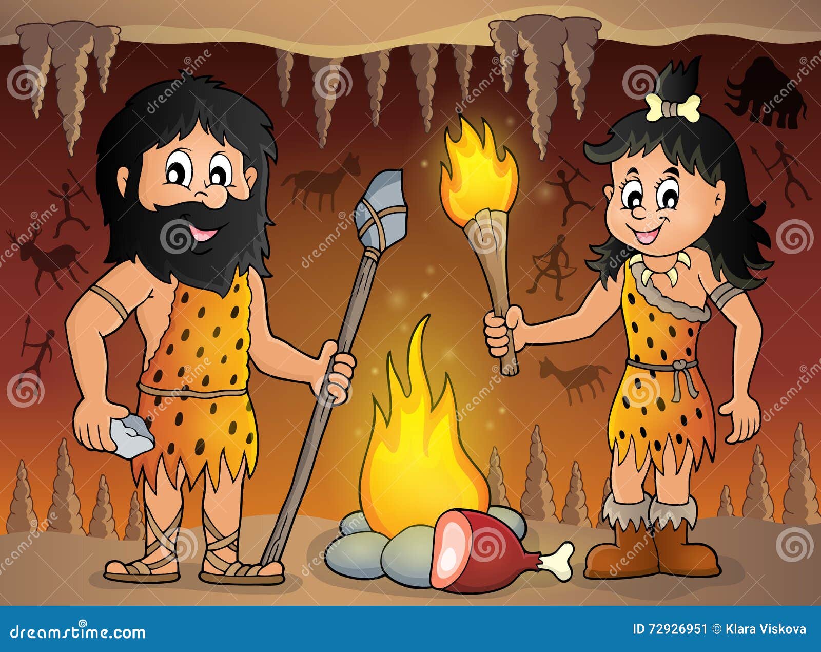 Cave People. Wild Persons Male And Female Eating Meat In Cave. Vector ...
