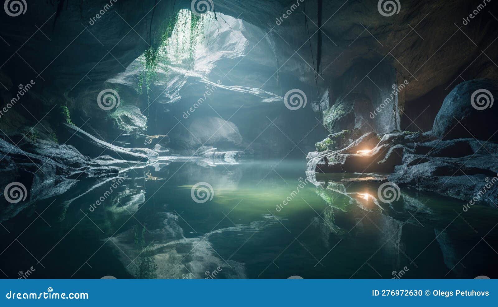 A Cave with a Pool of Water and a Light at the End Stock Illustration ...