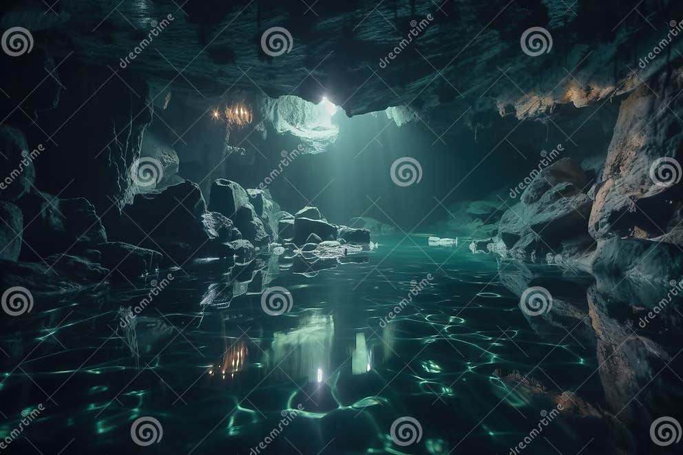 A Cave with a Pool of Water and a Light Shining from the Ceiling Stock ...