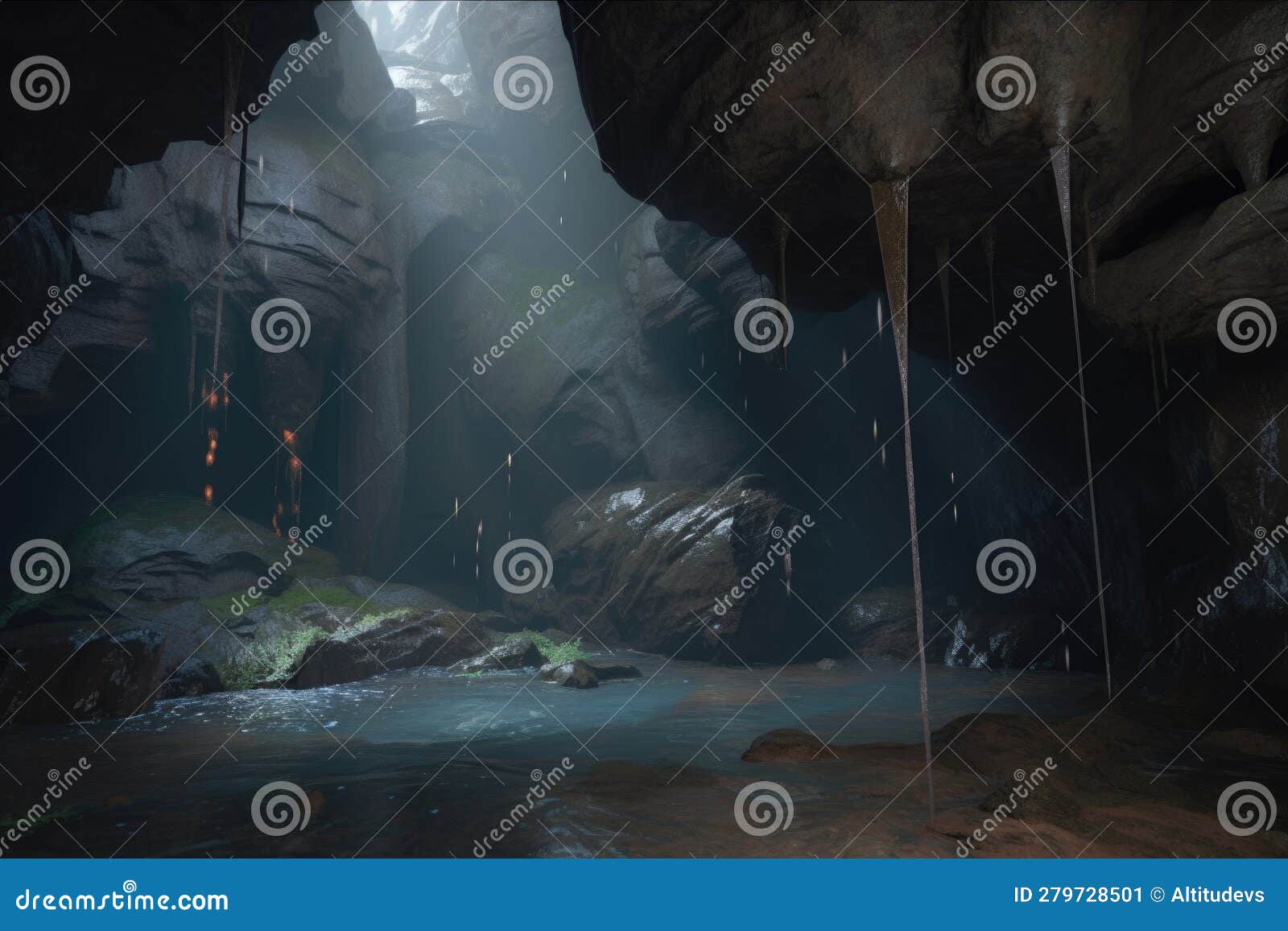 Cave with Rushing Waterfall, Flowing into the Cavern and Down To the ...