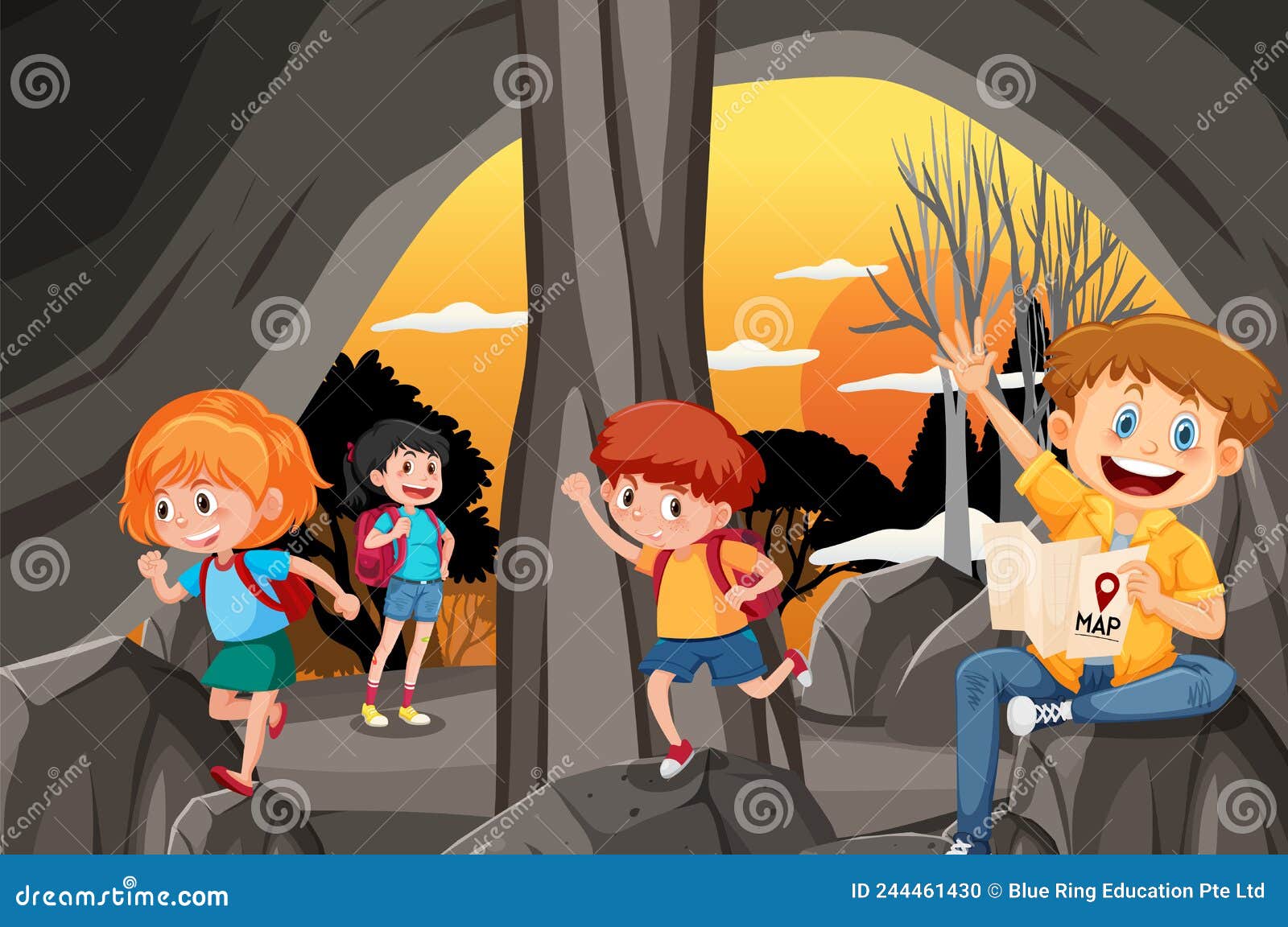 In Cave Scene with Children Exploring Cartoon Character Stock Vector ...
