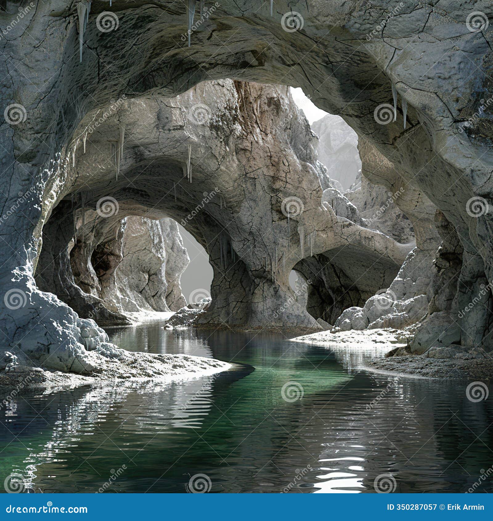 Cave System with Arches, Water, and Stalactites Stock Illustration ...