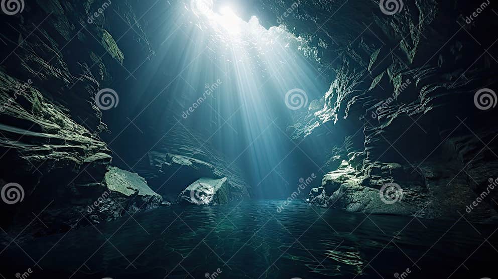 Cave underwater light rays stock illustration. Illustration of sense ...