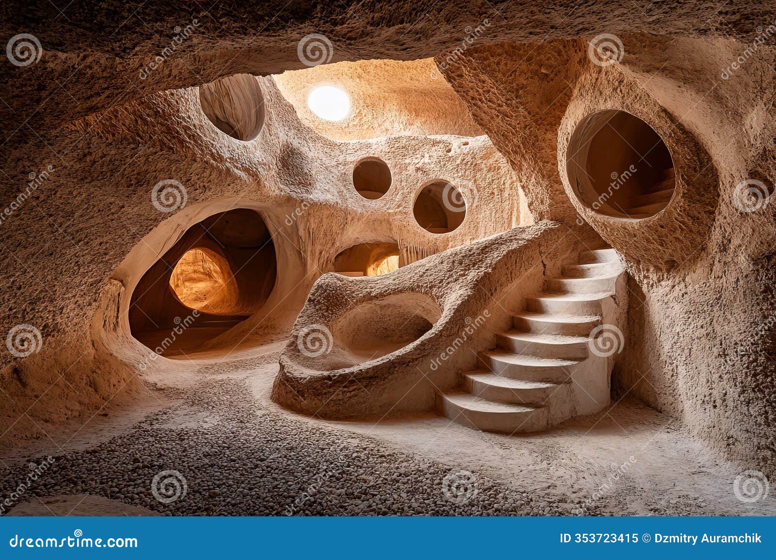 The Cave Walkway is Lit Up, Showcasing Curved Stairs and Stonework ...