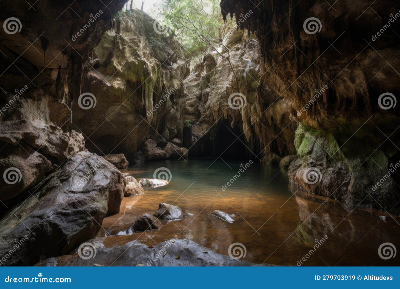Cave with Waterfall Cascading Down the Walls of the Mountain, Pooling ...