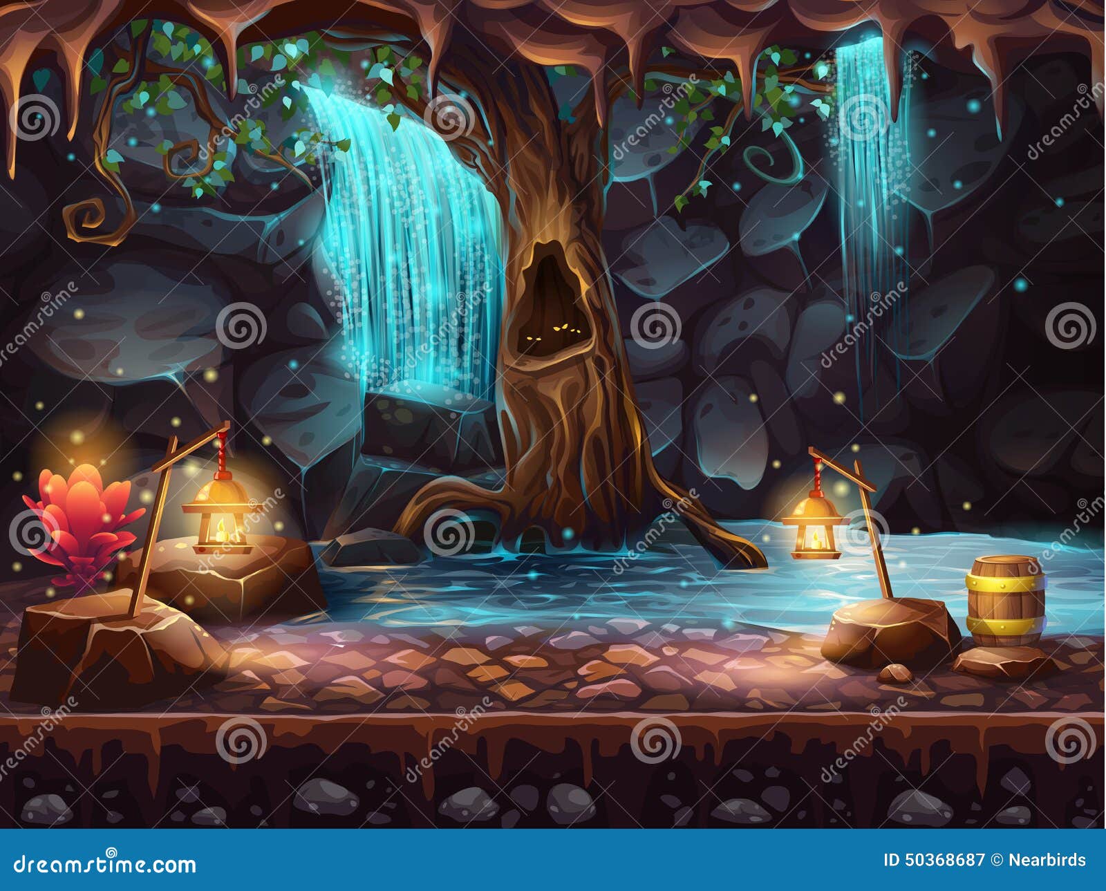 Cave with a Waterfall and a Magic Tree and Barrel of Gold Stock Vector ...