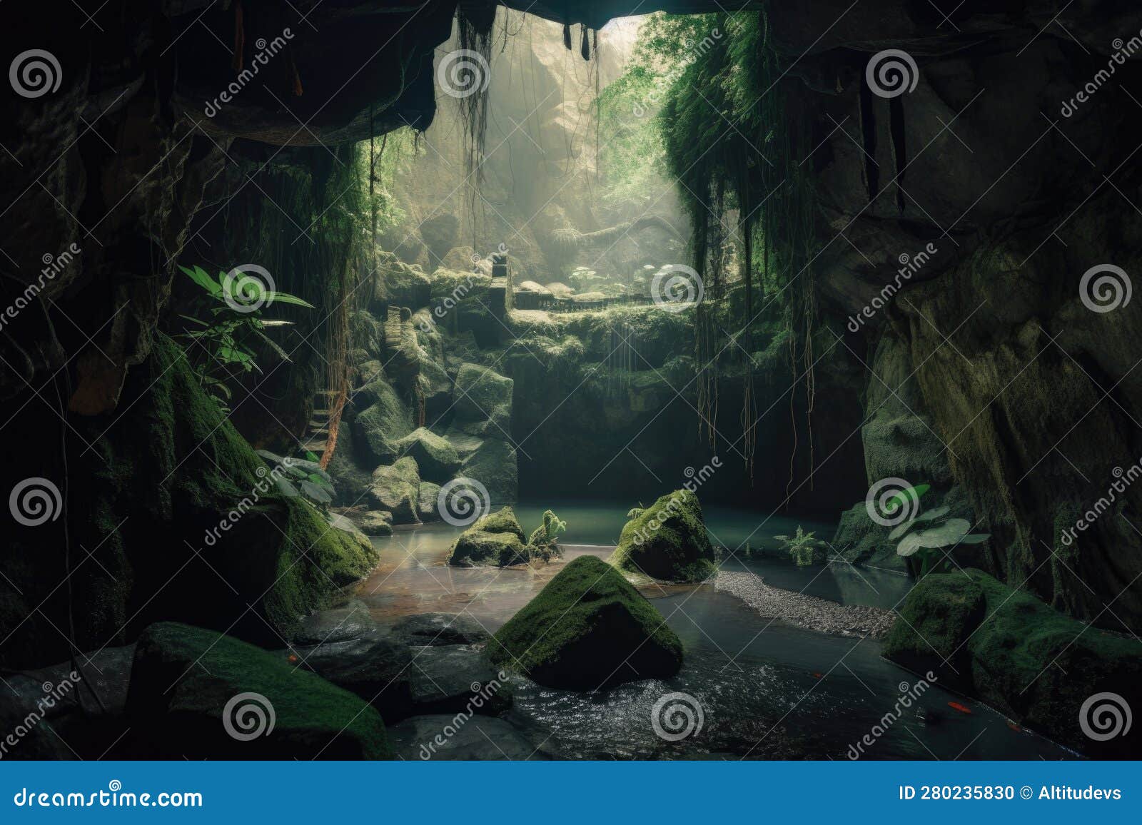 Cave with Waterfalls and Greenery, Inside a Mountain Stock Illustration ...