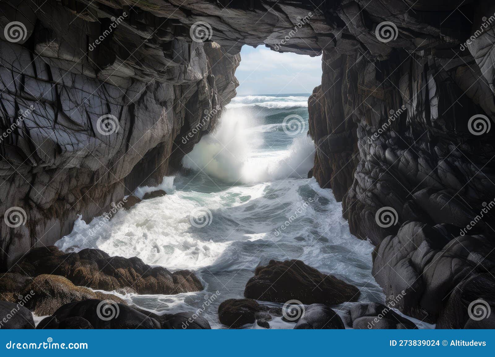 Cave, with Waves Breaking and Rushing Inside the Entrance Stock ...