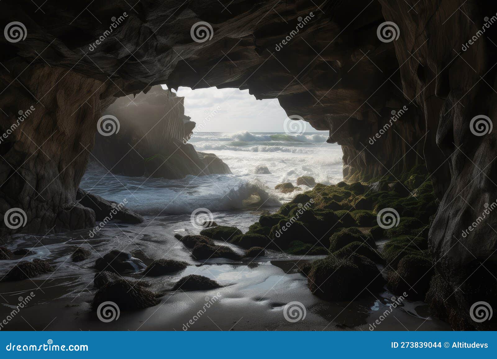 Cave, with Waves Breaking and Rushing Inside the Entrance Stock Photo ...