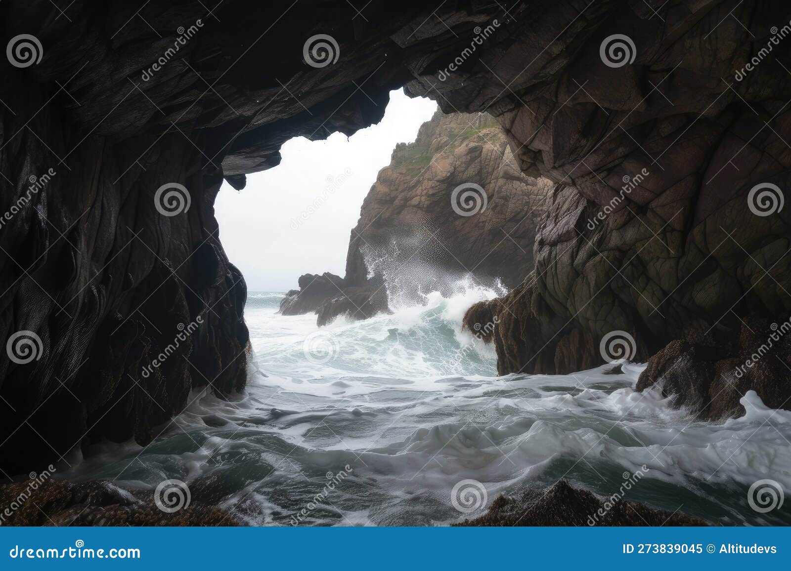 Cave, with Waves Breaking and Rushing Inside the Entrance Stock ...