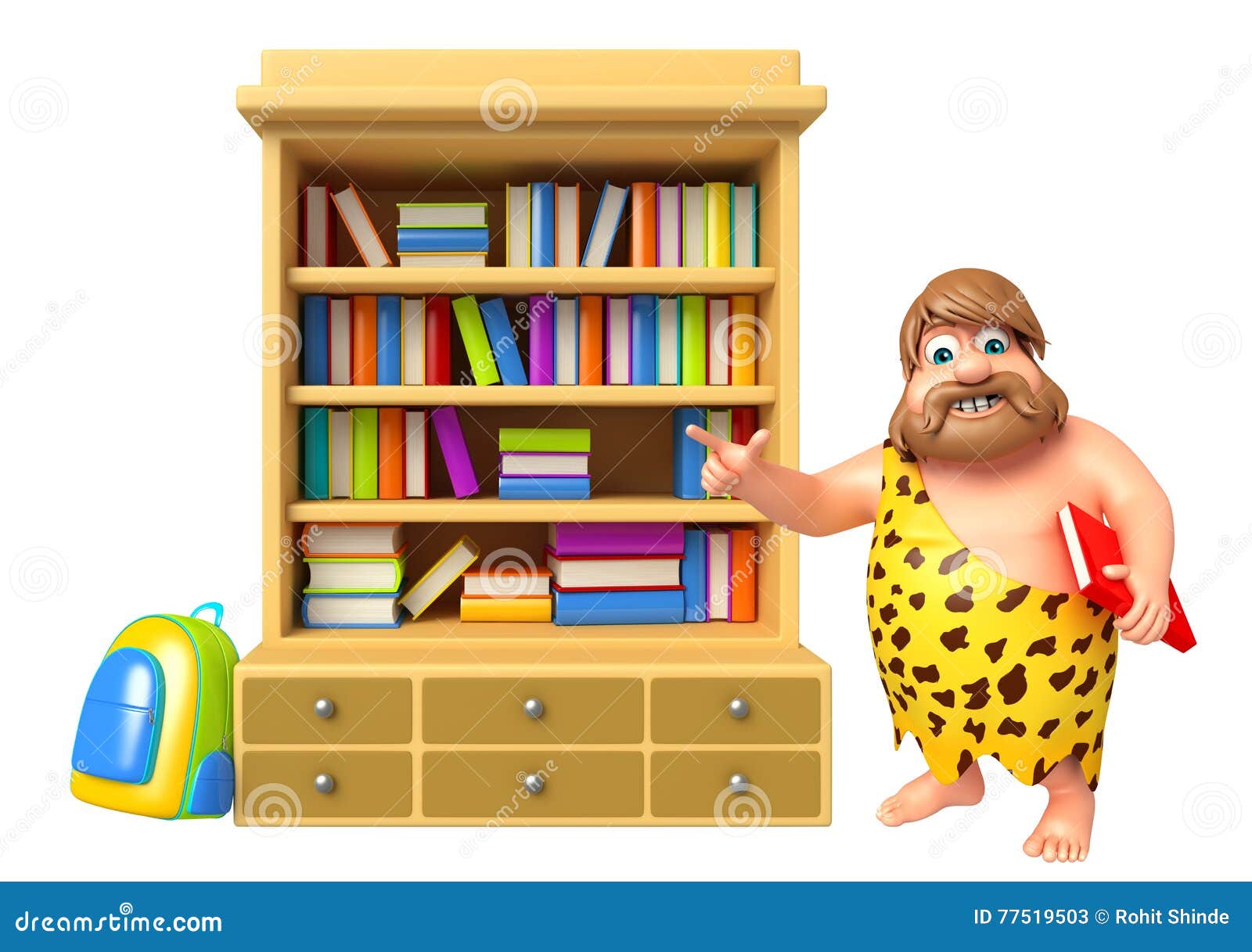 Caveman with Book Shelves & Book Stock Illustration - Illustration of ...