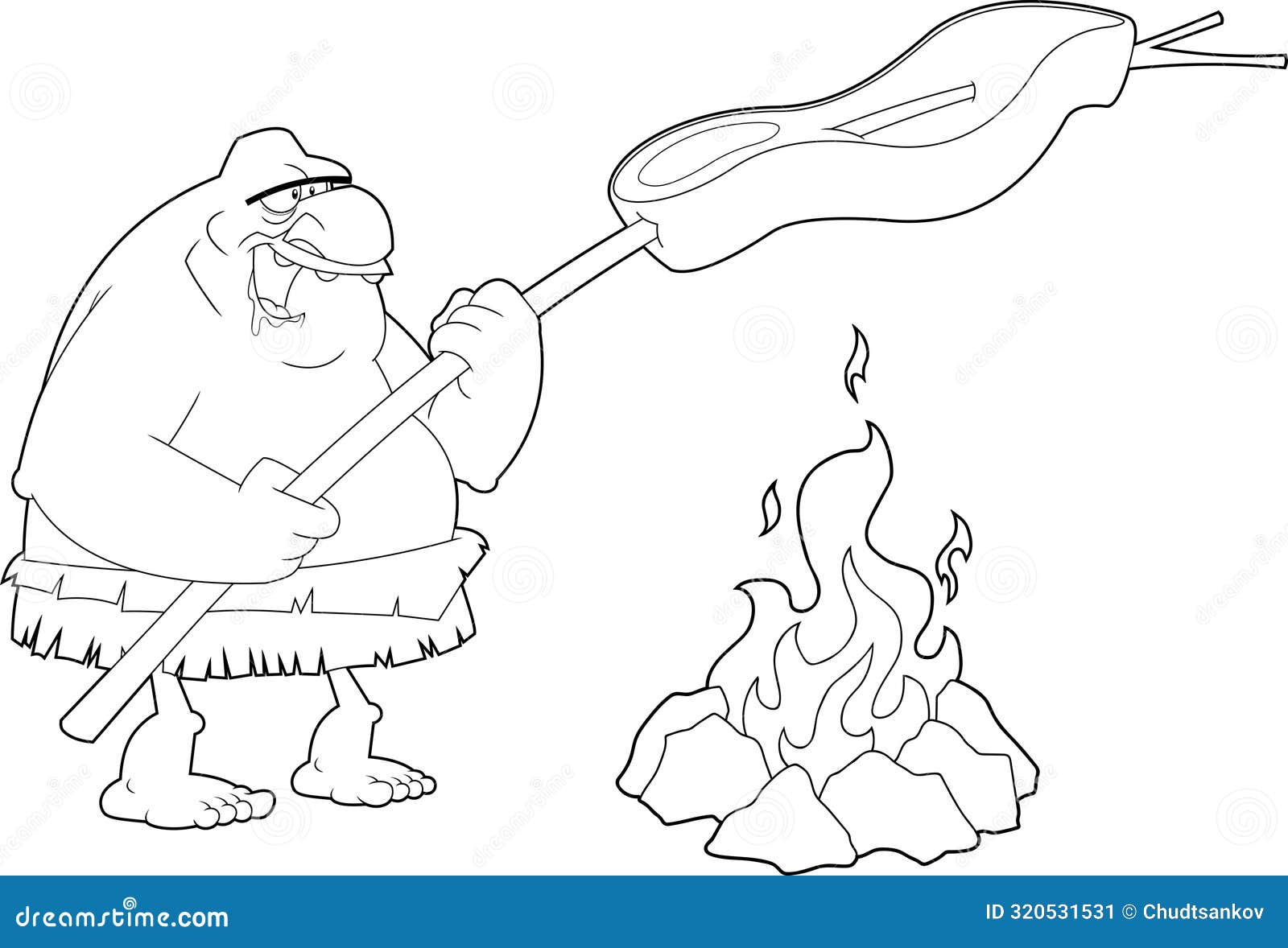 Outlined Stupid Caveman Cartoon Character Cooking a Big Steak Stock ...