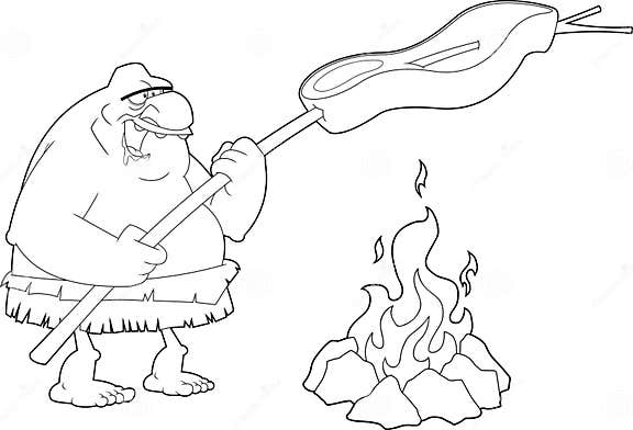 Outlined Stupid Caveman Cartoon Character Cooking a Big Steak Stock ...