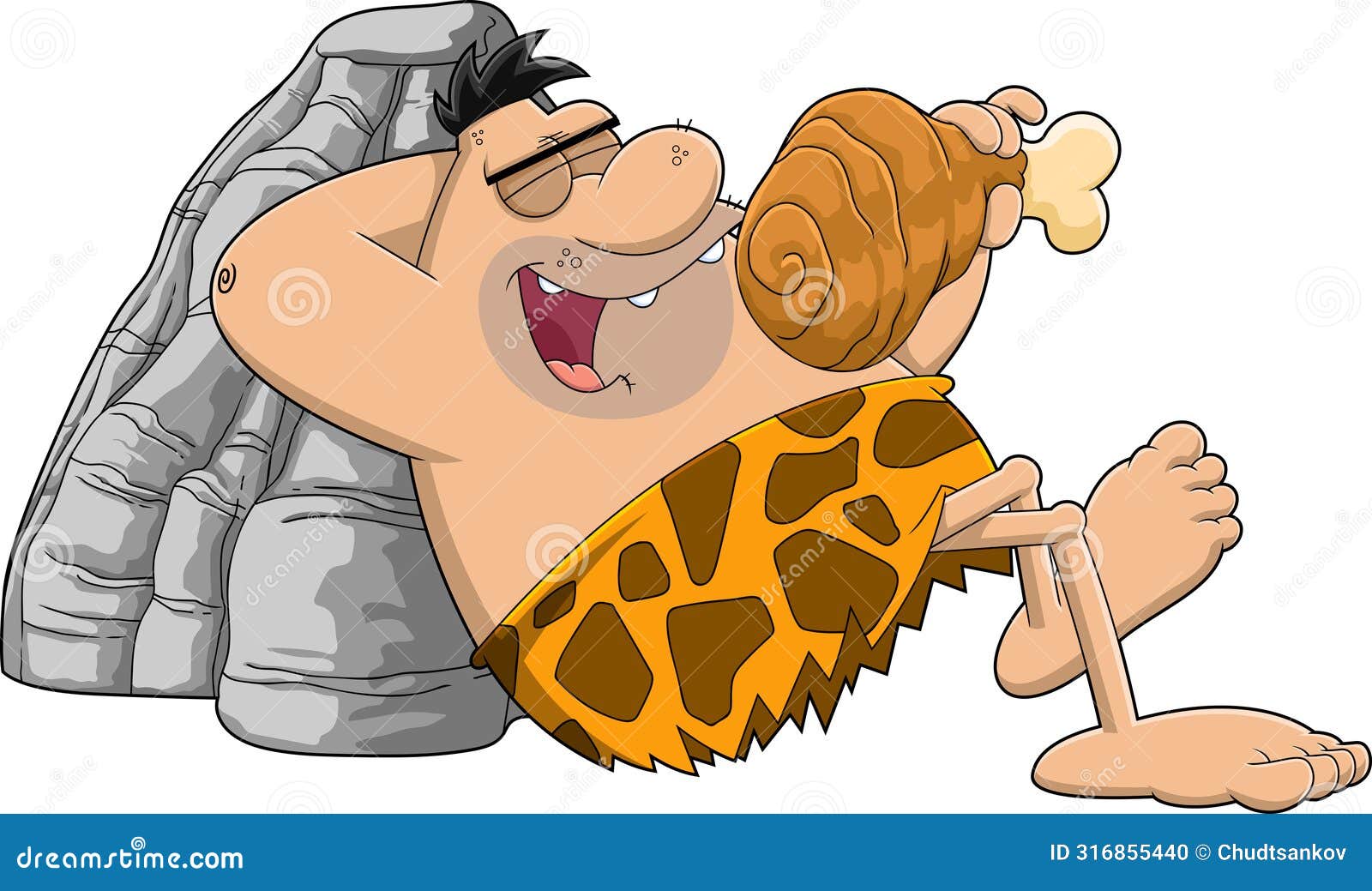 Happy Caveman Cartoon Character Eating Meat Stock Vector - Illustration ...