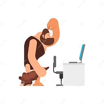 Caveman and Computer. Prehistoric Man and PC. Ancient Laptop. Stock ...