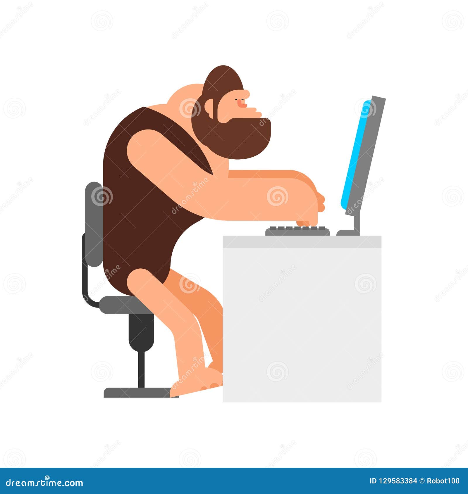 Caveman and Computer. Prehistoric Man and PC. Ancient Laptop. Stock ...