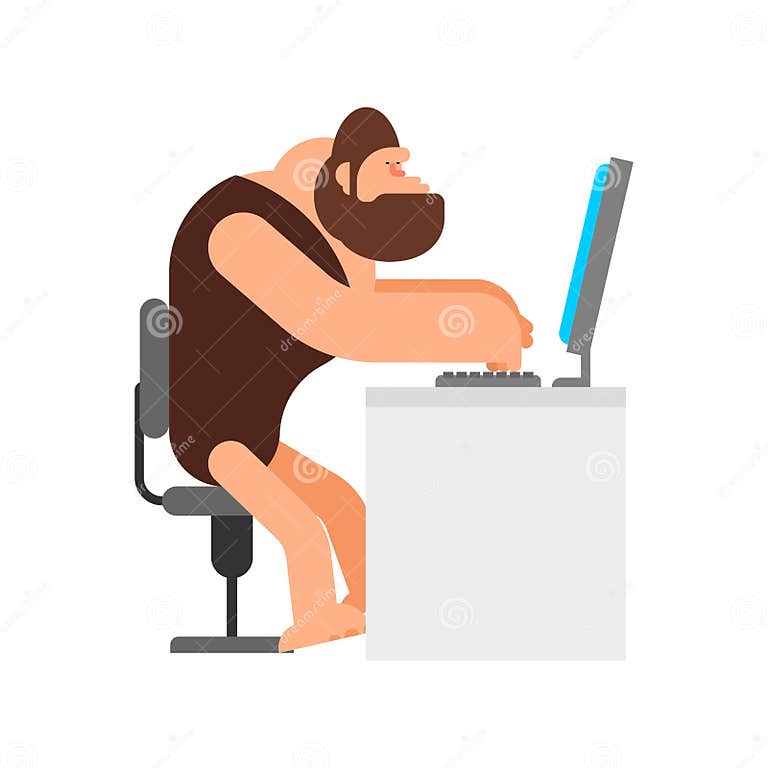 Caveman and Computer. Prehistoric Man and PC. Ancient Laptop. Stock ...