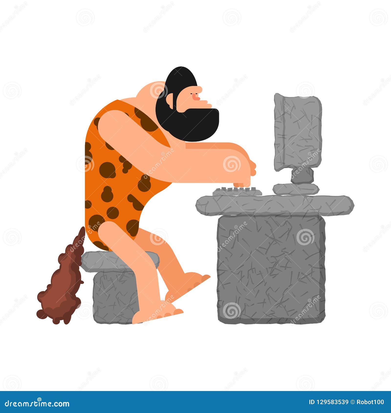 Caveman and Computer. Prehistoric Man and PC. Ancient Laptop. Stock ...