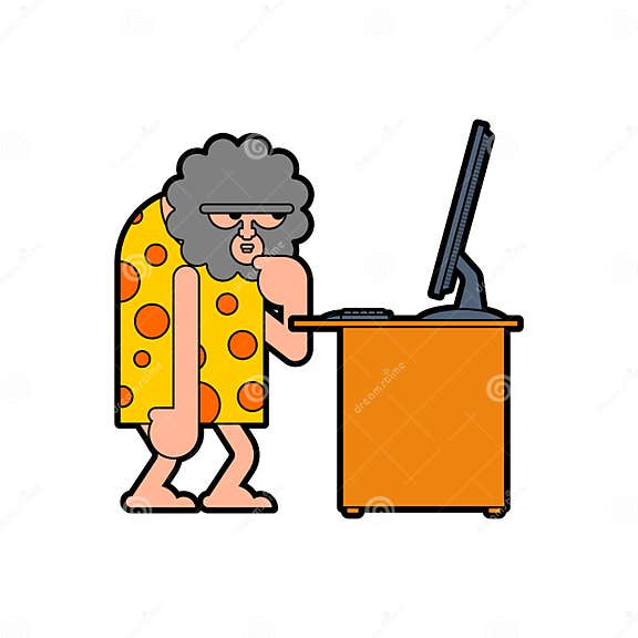 Caveman and Computer. Prehistoric Man and PC Stock Vector ...