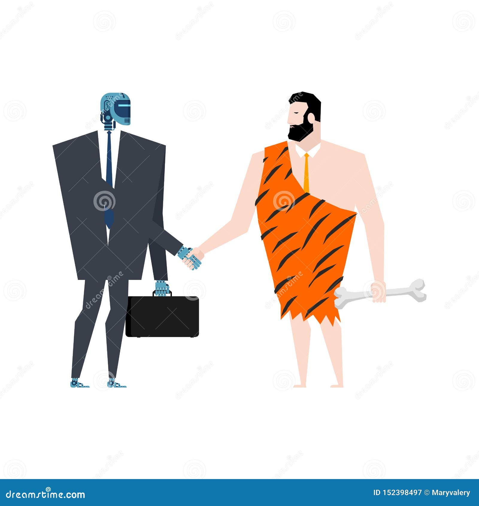 Caveman and Cyborg Handshake. Robot and Prehistoric Man Contract ...