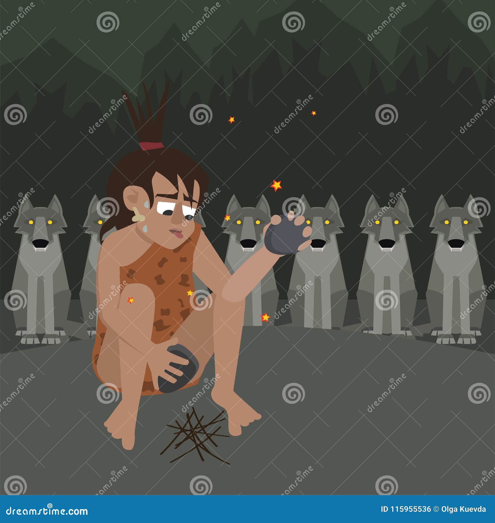 Caveman At Night Surrounded By Predators Vector Cartoon | CartoonDealer ...