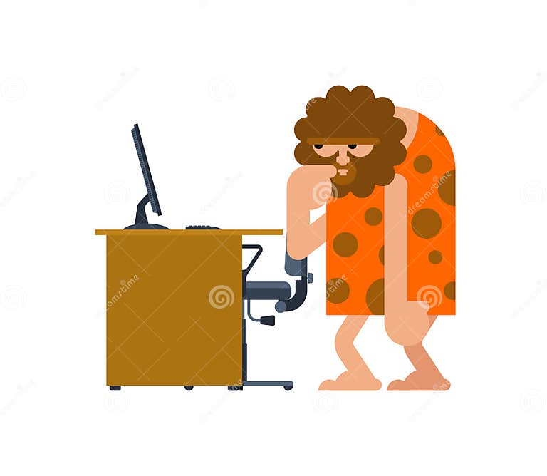 Caveman and PC. Prehistoric Man and Computer Stock Vector ...