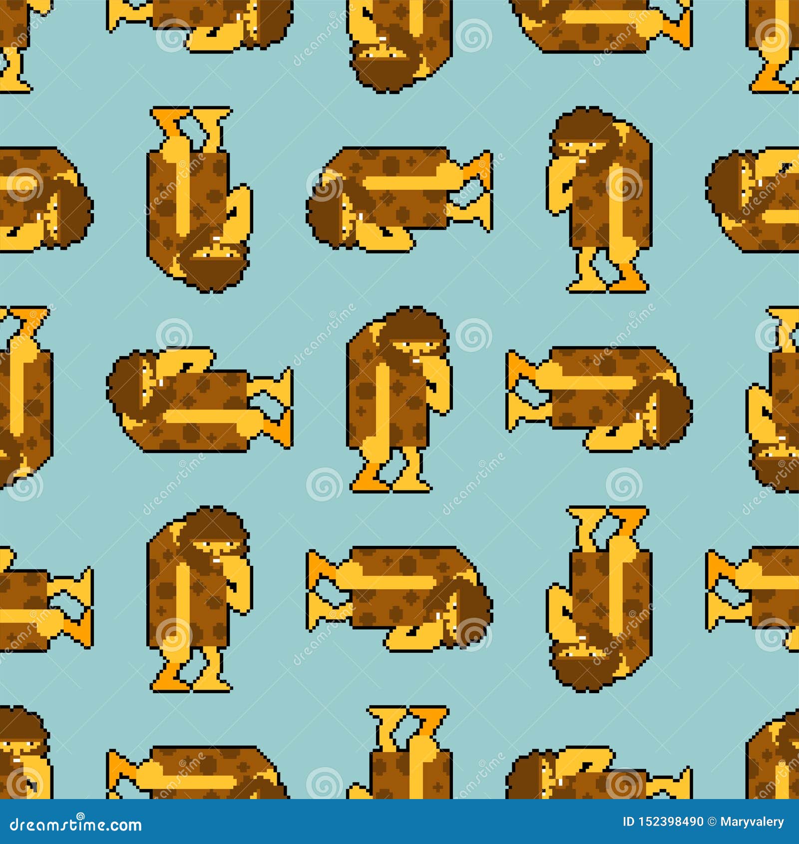 Caveman Pixel Art Pattern Seamless. Prehistoric Man 8 Bit Background ...