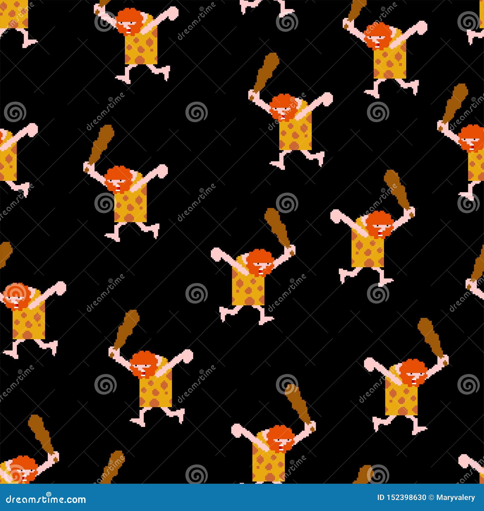 Caveman Pixel Art Pattern Seamless. Prehistoric Man 8 Bit Background ...