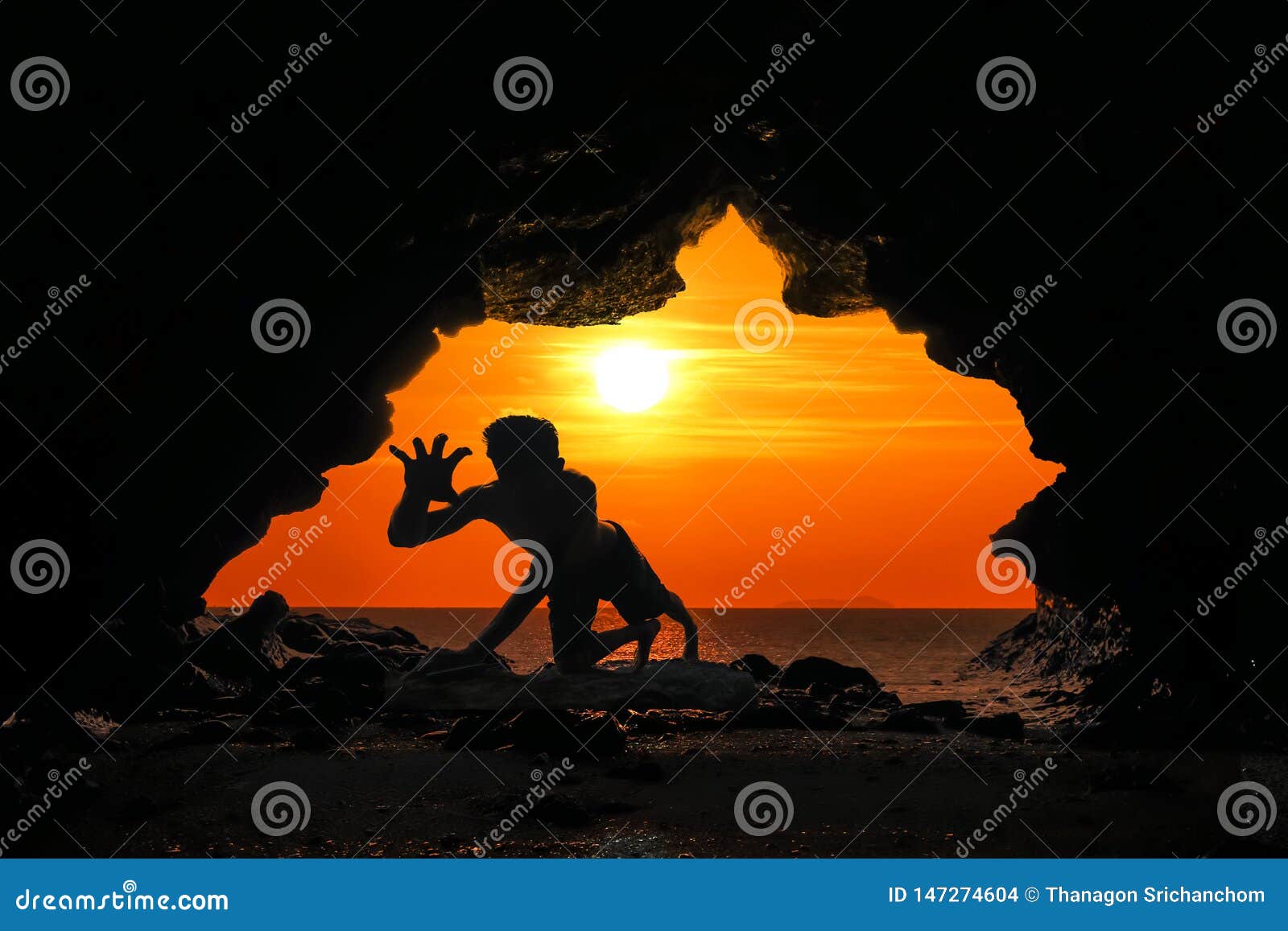 Caveman Posture or Action in the Cave at Sunset Stock Photo - Image of ...