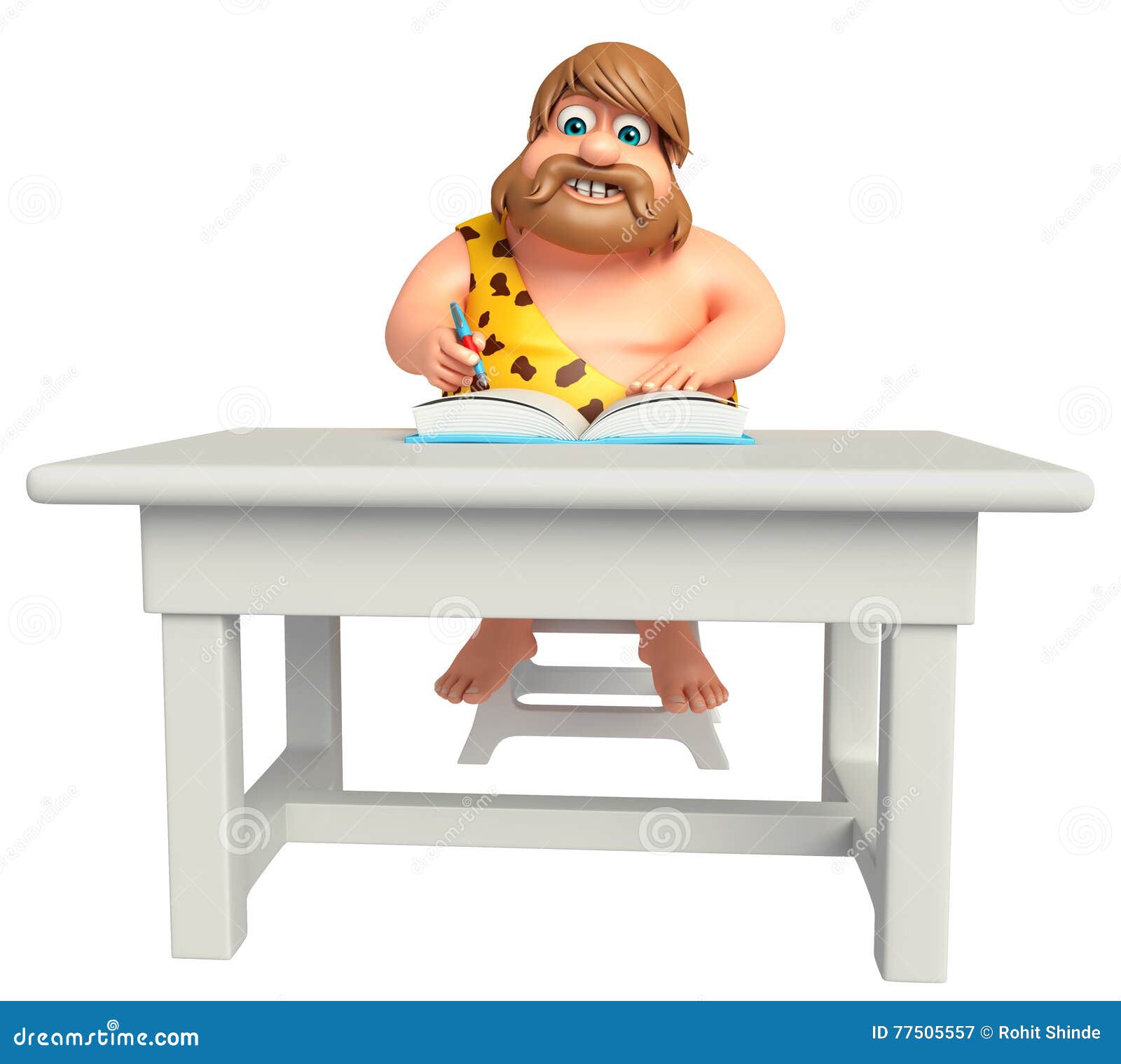 Caveman with Table Chair and Book Stock Illustration - Illustration of ...