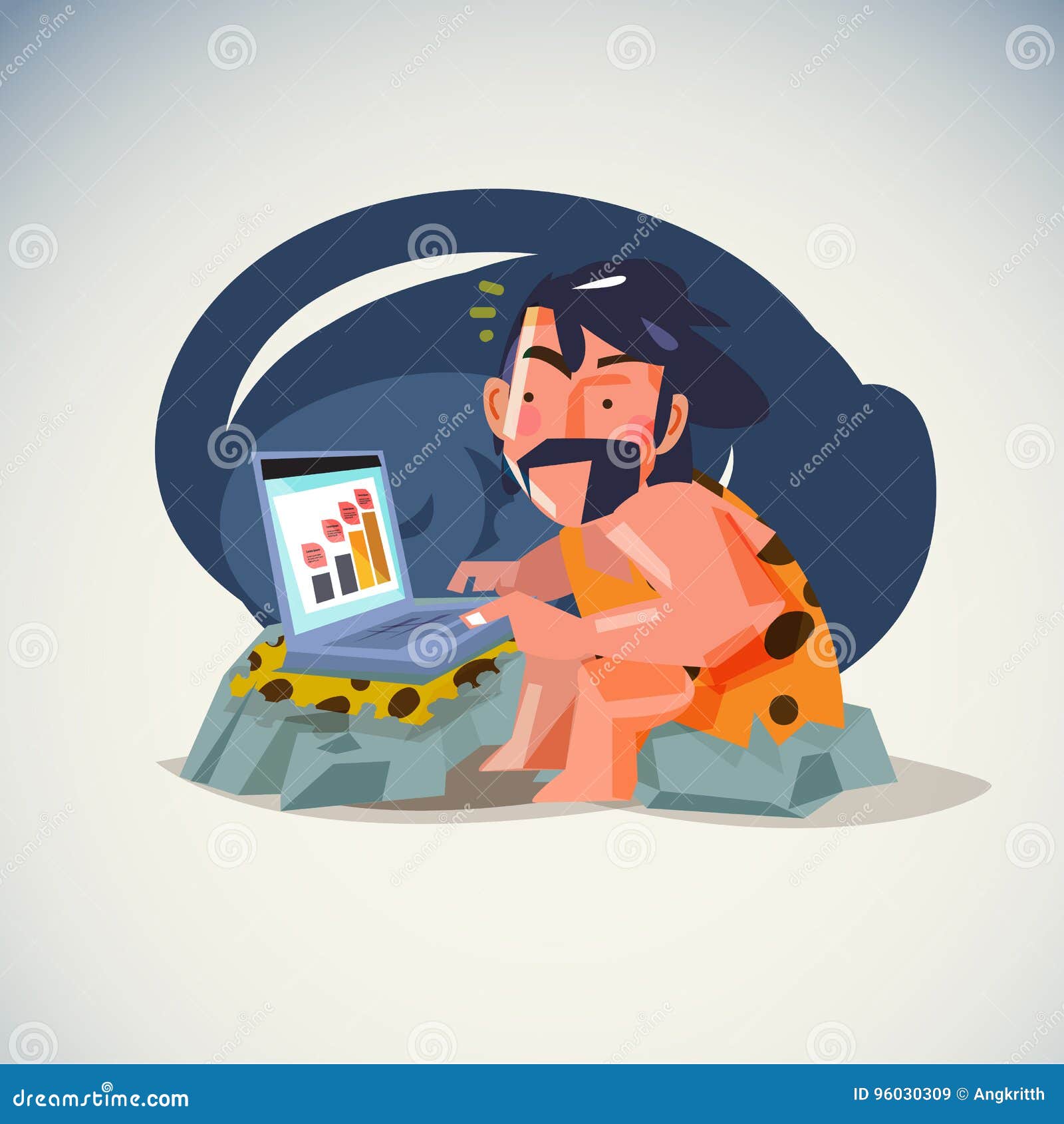 Caveman Working with Laptop - Vector Stock Vector - Illustration of ...