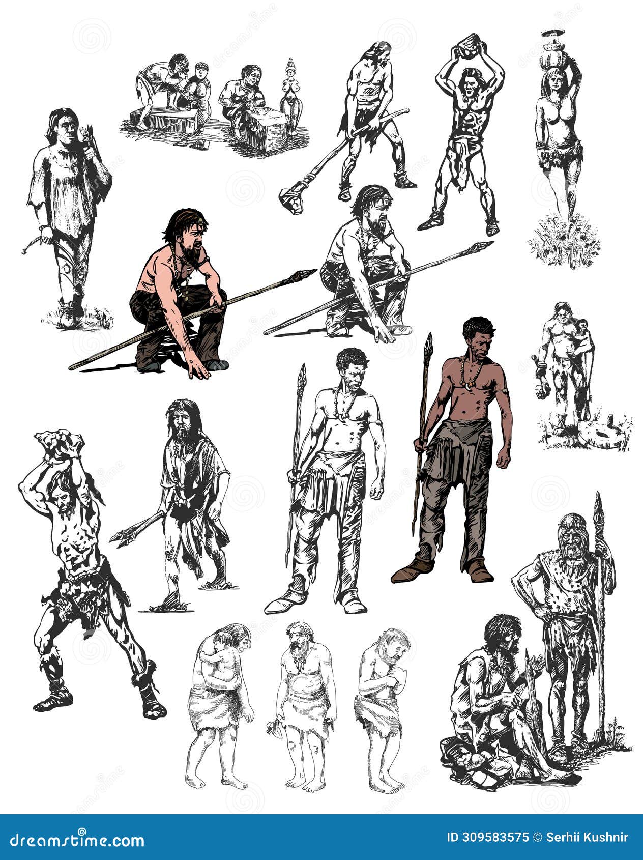 Cavemans Set. Sketch Hand Drawing Stock Vector - Illustration of ...