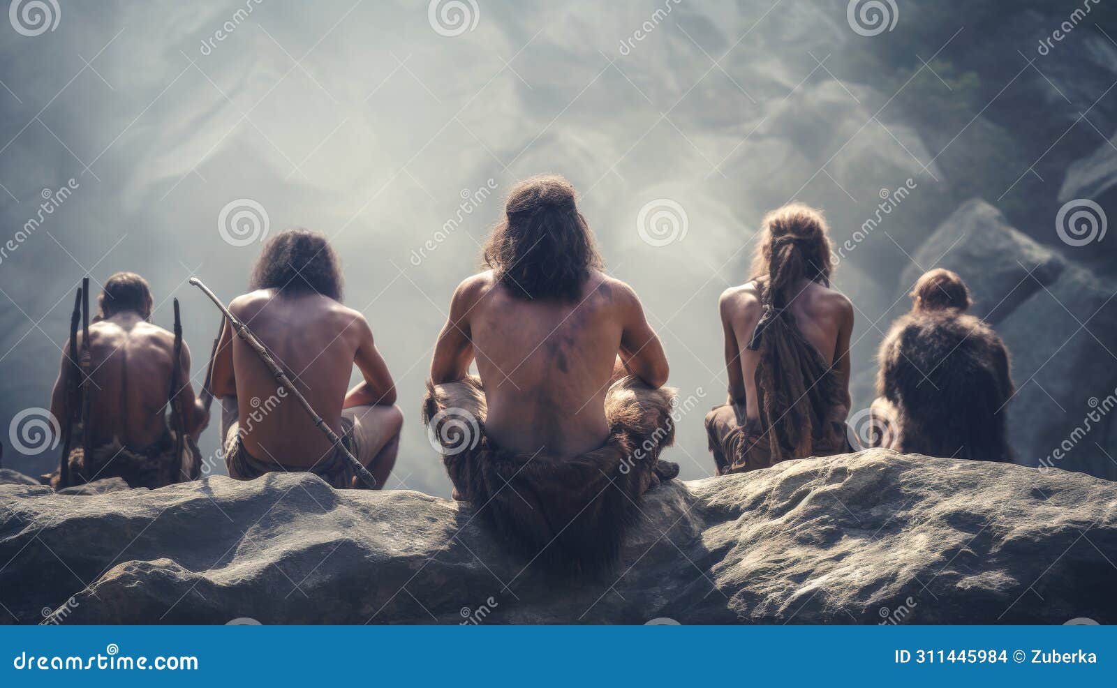 Cavemen Group Sitting on Rock Stock Illustration - Illustration of ...