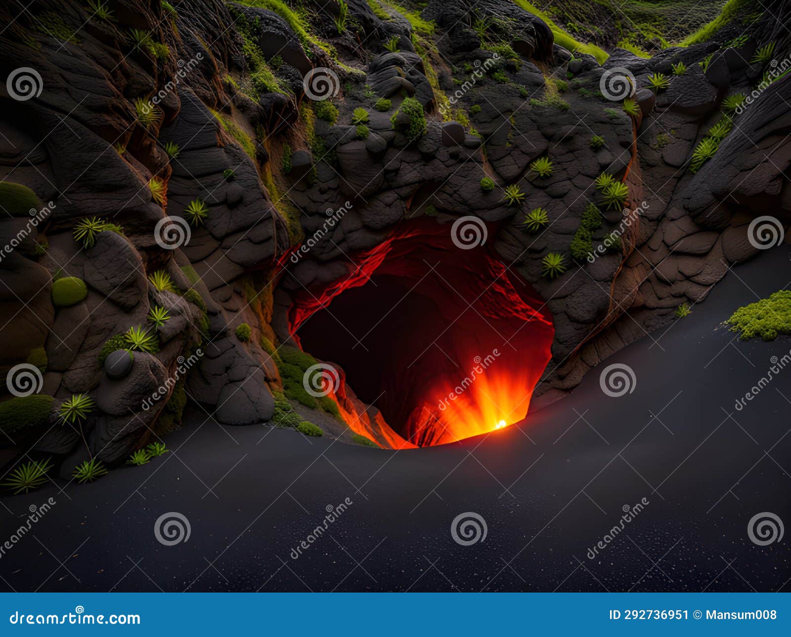 Caverna Con Lava Roja Y Fuego Stock de ilustración - Ilustración de rojo, roca: 292736951