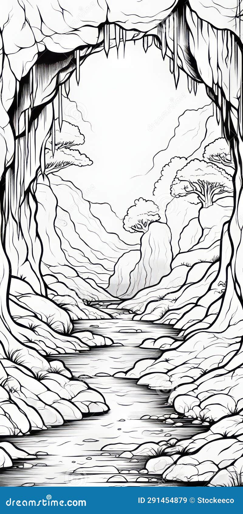 Cave Coloring Page With Rivers, Meadows, Flowers, And Mountains Stock ...