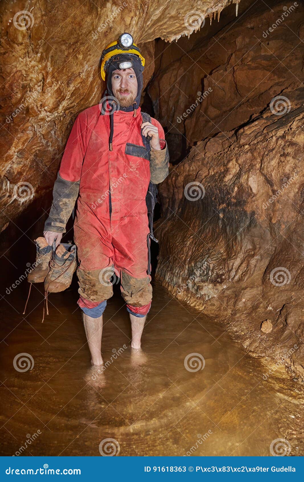 Caving barefoot in water stock image. Image of inside - 91618363