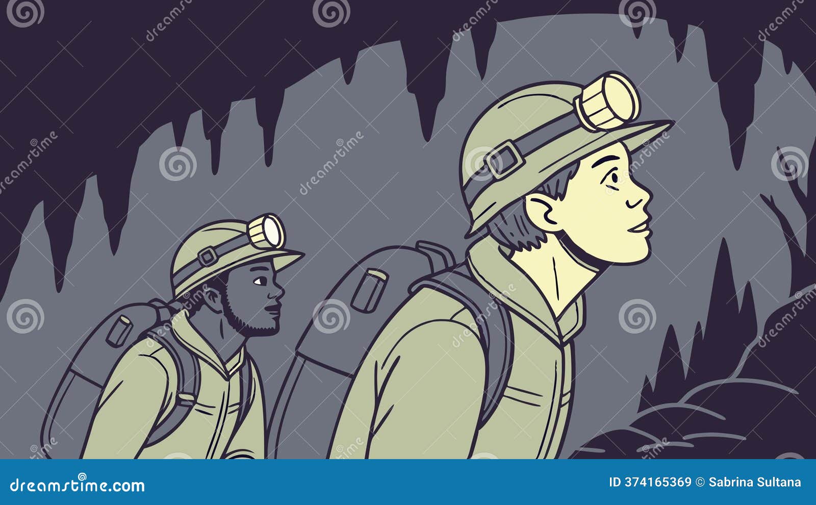 Underground Explorers Silhouettes Venture Into Dark Cave, Headlamps ...
