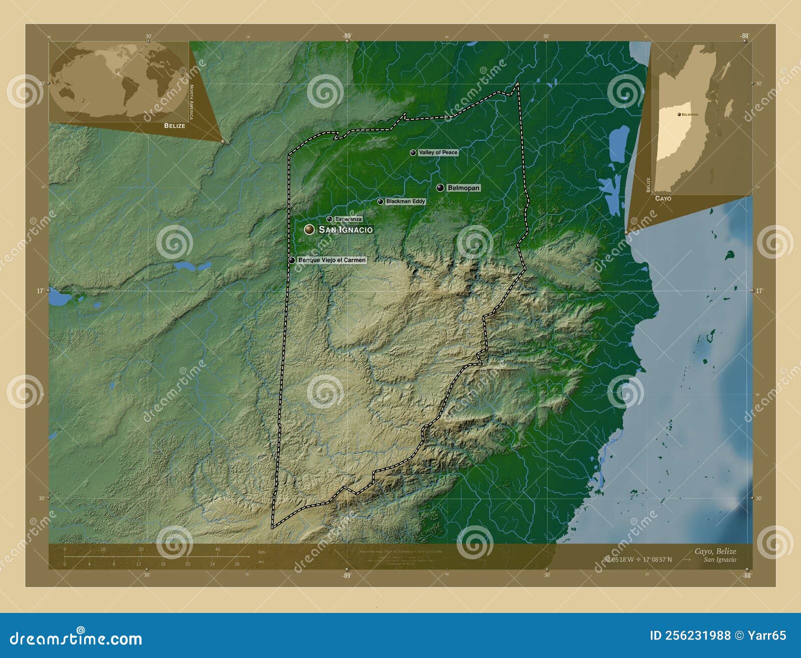 Cayo, Belize. Physical. Labelled Points of Cities Stock Illustration ...