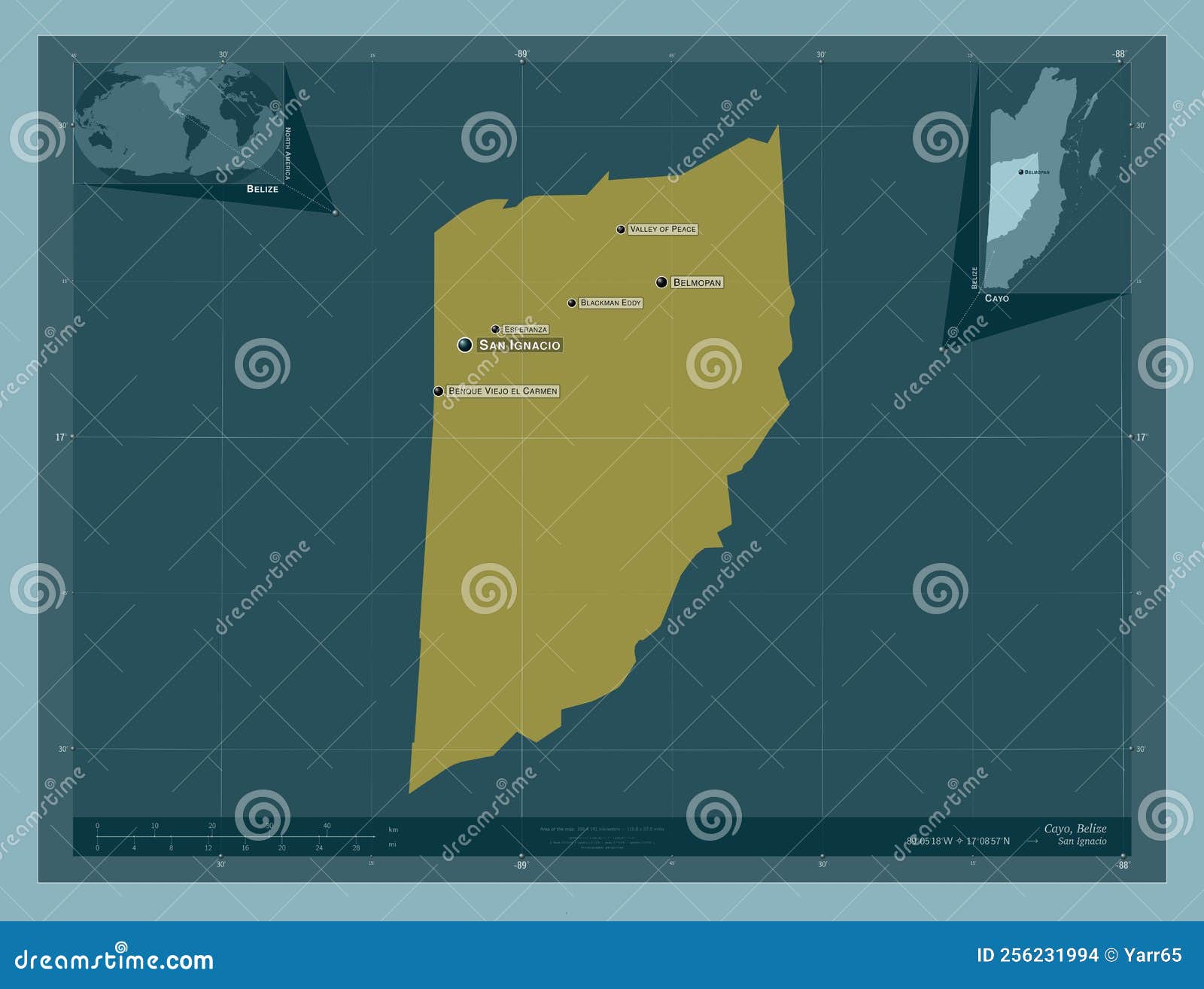 Cayo, Belize. Solid. Labelled Points of Cities Stock Illustration ...