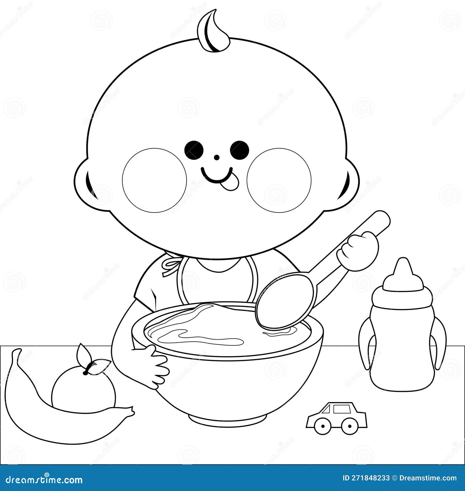 Baby Eating Cereal and Fruit. Vector Black and White Coloring Page ...