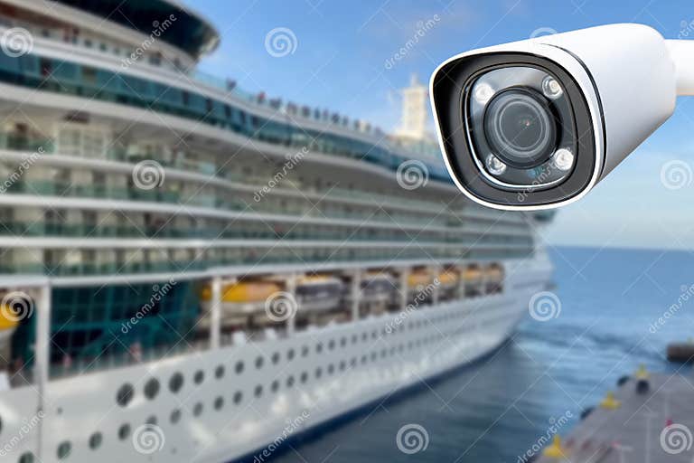 CCTV Camera on the Background of a Cruise Ship. Stock Image - Image of ...